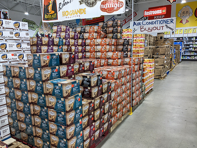 Coffee paradise or caffeine shrine? Brand-name brews stacked to the ceiling prove Ollie's isn't messing around when they promise "good stuff cheap."