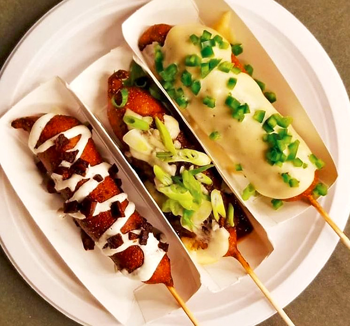 Three corn dogs, three flavor journeys. From classic to adventurous, these hand-dipped treasures prove that food on a stick is never just a novelty.