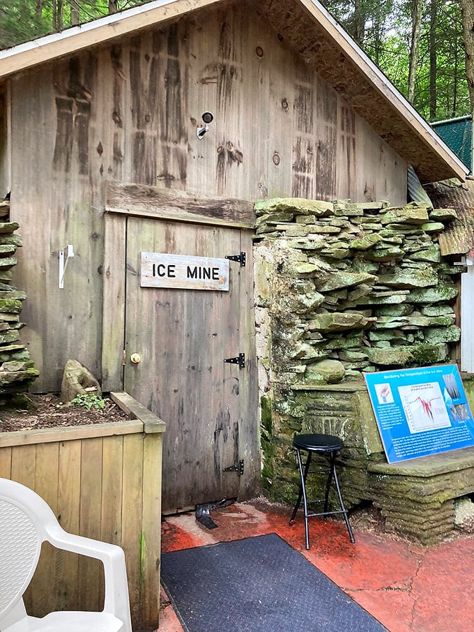 The Coudersport Ice Mine &ndash; where physics takes a vacation. This wooden entrance guards a natural phenomenon that produces ice in summer and melts in winter. 