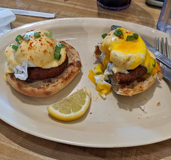 Crab Cake Benedict: Where Maryland tradition meets Florida sunshine. Those golden crab cakes look like they're auditioning for a Food Network close-up.