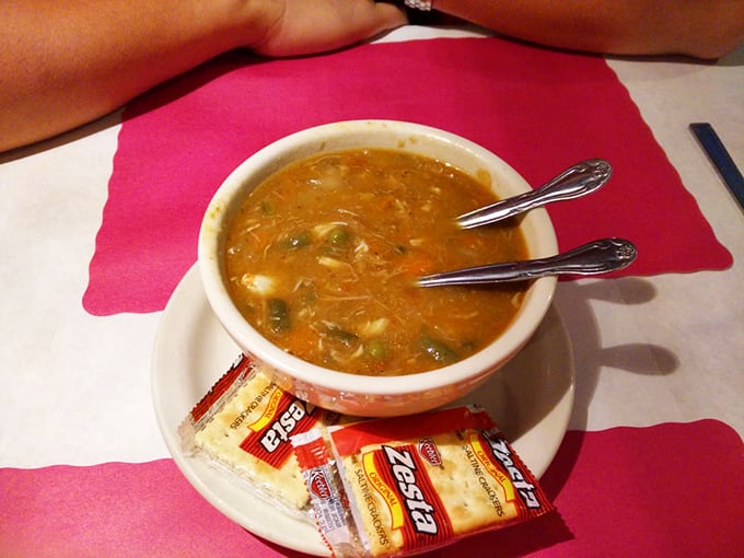 Liquid gold in a bowl! The Maryland crab soup arrives steaming with chunks of sweet crab and vegetables swimming in perfectly seasoned broth.