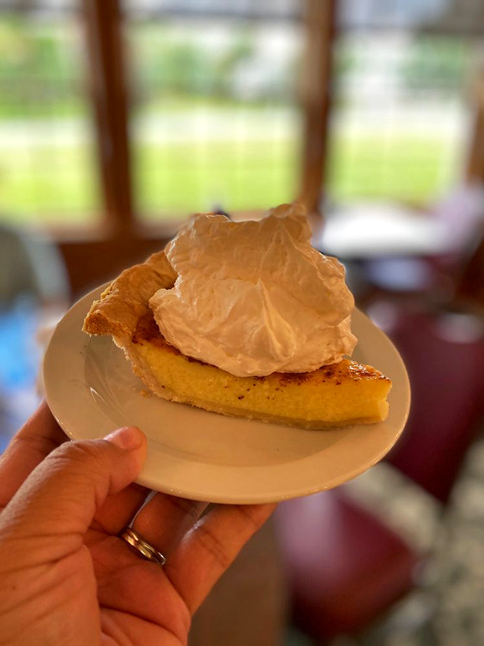 Custard pie topped with a cloud of whipped cream &ndash; the kind of dessert that makes you temporarily forget your name and contemplate moving to Amish country permanently.