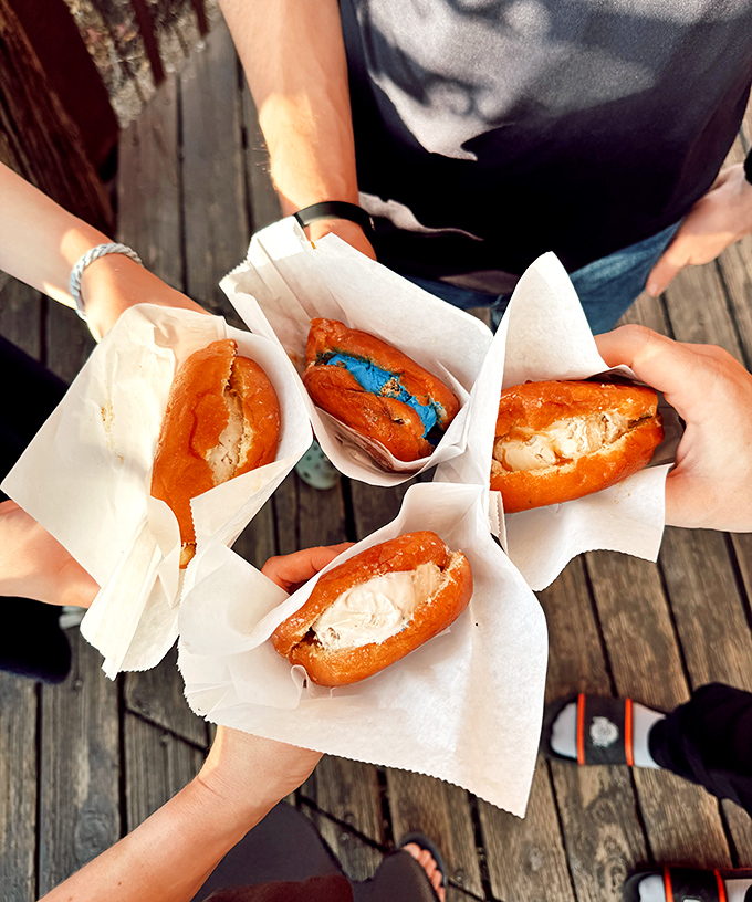 The donut revolution we didn't know we needed! These pillowy vessels cradle colorful scoops like edible treasure chests designed by Willy Wonka himself.