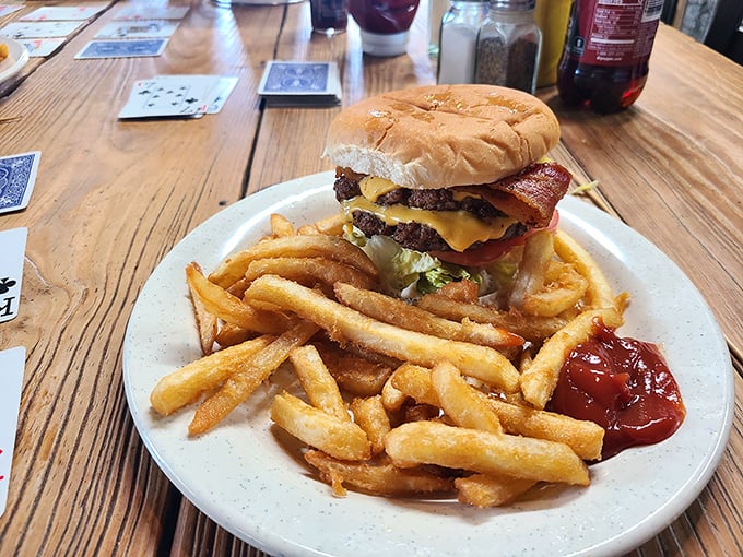 This isn't just a burger&mdash;it's edible architecture. The Marty Burger towers with bacon and cheese, surrounded by fries that demand to be savored one by one.