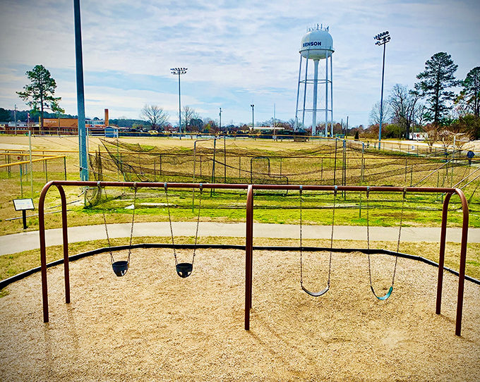 Small-town playground swings await young adventurers with the iconic Benson water tower standing sentinel over childhood memories in the making.