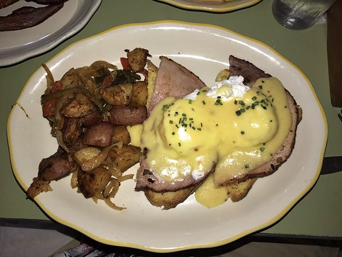 Behold the star attraction&mdash;Eggs Benedict with hollandaise so silky it should have its own fashion line, perched atop ham and English muffin with perfectly roasted potatoes.
