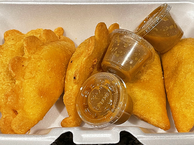 Golden-fried empanadas that crackle with promise, served with dipping sauces that make you wonder why ketchup gets all the attention in the condiment world.
