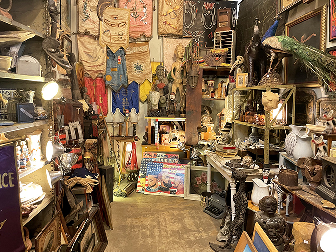 Vintage flags, peculiar dolls, and mysterious artifacts create a museum-like corner where childhood nostalgia meets cabinet-of-curiosities aesthetic.