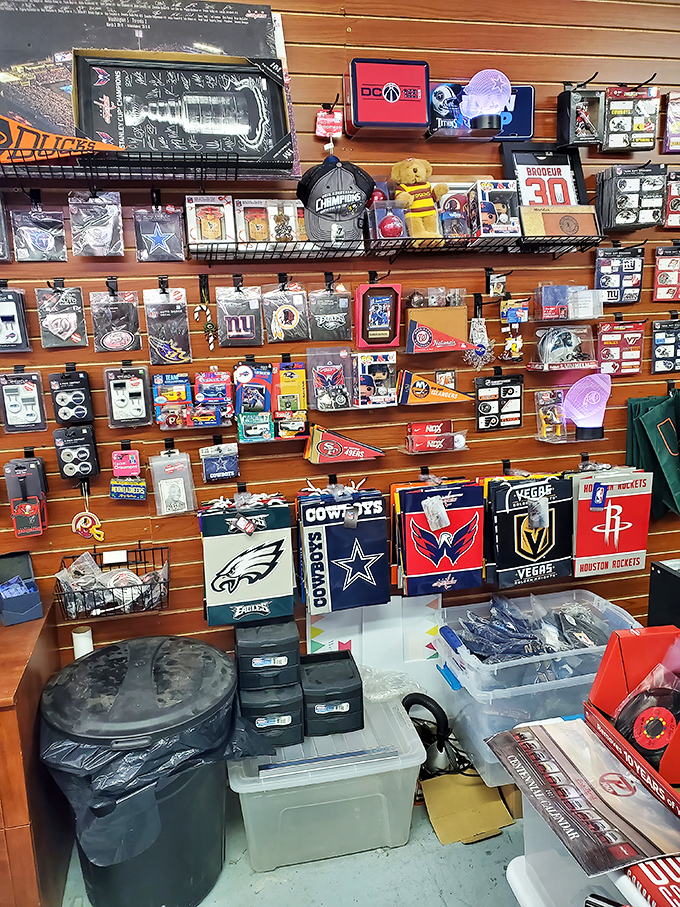 Sports memorabilia heaven! Eagles, Cowboys, and Capitals fans unite in this rare moment of merchandising harmony.