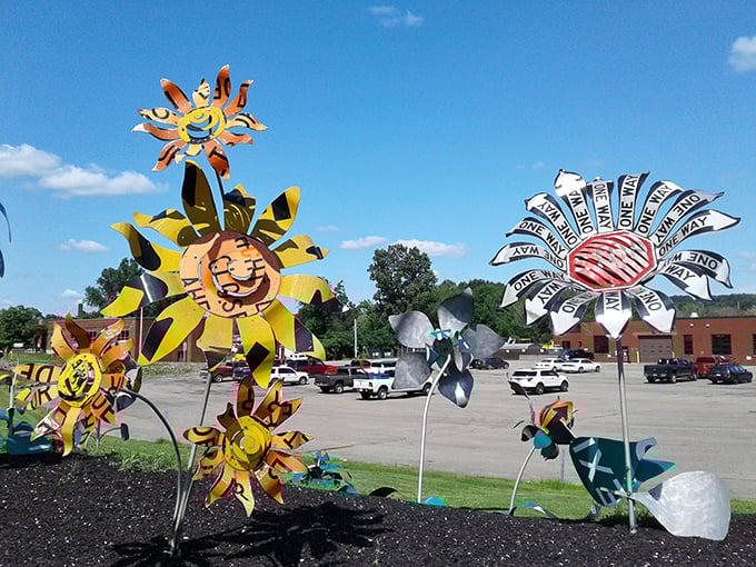 Garden variety? Hardly! These metallic blooms never wilt, fashioned from directional signs that now point the way to artistic inspiration rather than the next highway exit.