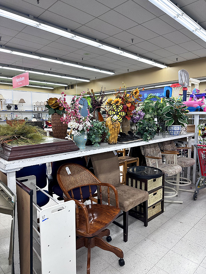 Nature meets nostalgia in the home d&eacute;cor section, where artificial flowers never die and vintage furniture whispers stories of dinner parties past.