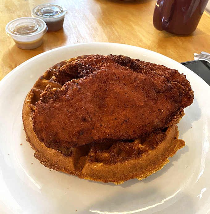 This isn't just chicken and waffles; it's a crispy, golden monument to the perfect marriage of breakfast and lunch. Brunch goals achieved!