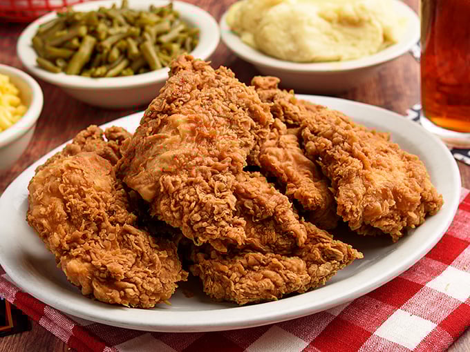 Golden-brown pieces stacked high, this isn't just fried chicken &ndash; it's edible nostalgia that makes you want to call your mother and apologize.