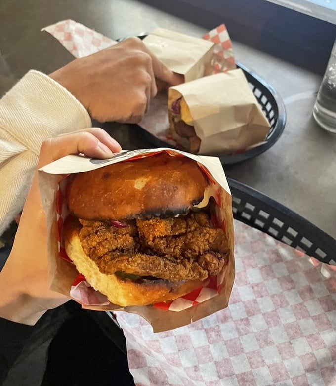 Behold the star of the show! This fried chicken sandwich isn't just food&mdash;it's an edible love letter to crispy perfection.