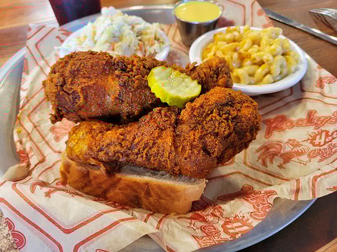 Golden-brown perfection meets mac and cheese that doesn't apologize for being exactly what comfort food should be. That pickle slice isn't just garnish&mdash;it's salvation.