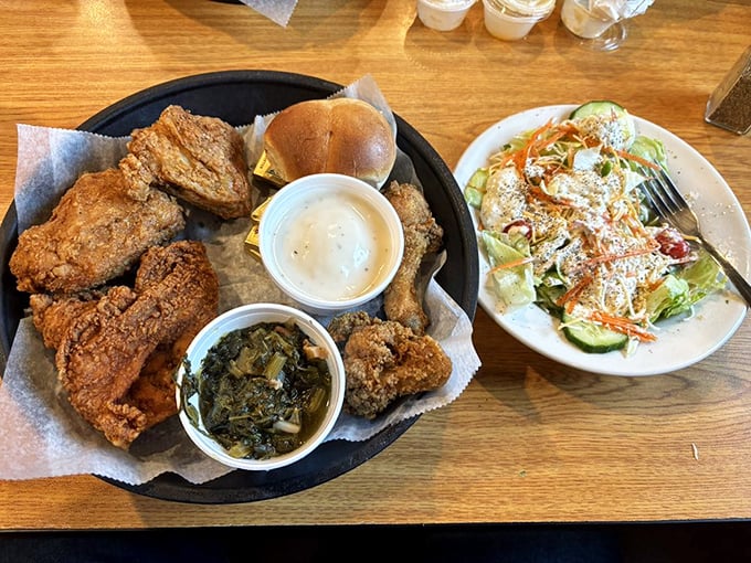 Golden-brown perfection doesn't happen by accident. This crispy chicken, paired with fresh greens, is what food fantasies are made of.