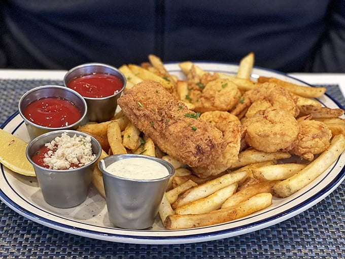This isn't just dinner&mdash;it's a seafood celebration. Golden-fried fish and shrimp share the spotlight with crispy fries and a quartet of dipping sauces.