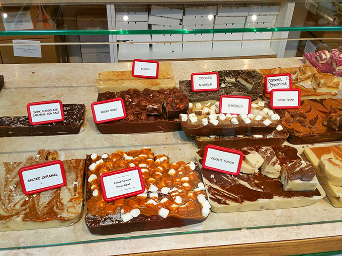 Fudge varieties with names like "Rocky Road" and "Cookie Dough" line up like contestants in a delicious beauty pageant. Everyone's a winner here.
