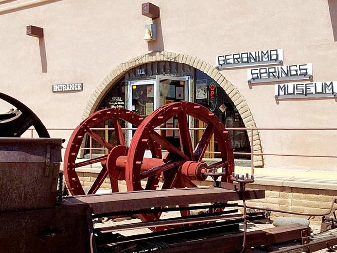 History buffs rejoice! The Geronimo Springs Museum entrance features vintage machinery that tells the story of the region's industrious past.