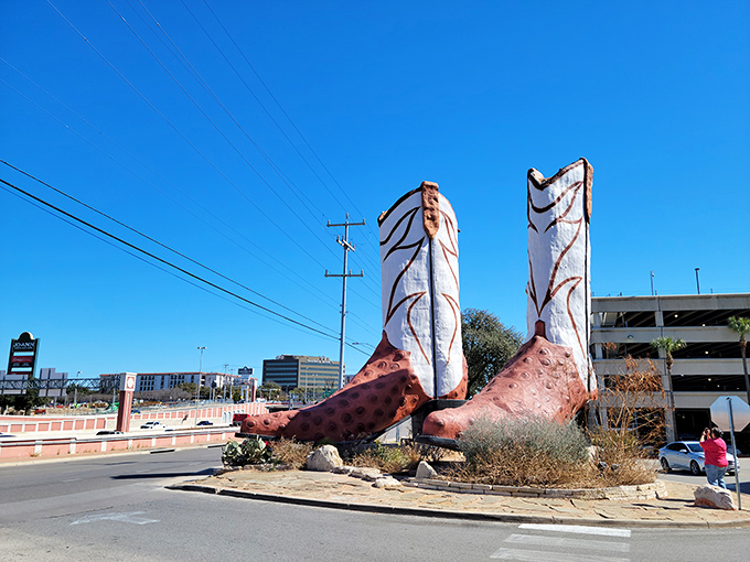 Blue skies frame these towering tributes to Texas footwear. If Cinderella were a cowgirl, these would be her glass slippers.