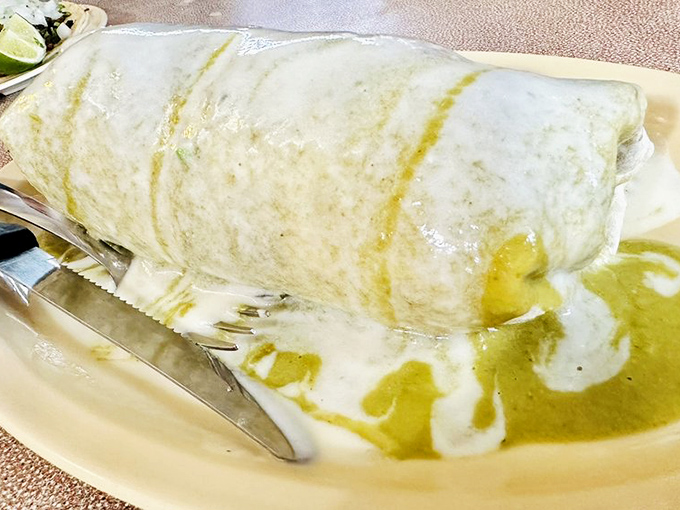 Behold the green wet burrito in all its saucy glory! This isn't just a meal&mdash;it's an edible work of art swimming in a pool of vibrant salsa verde.