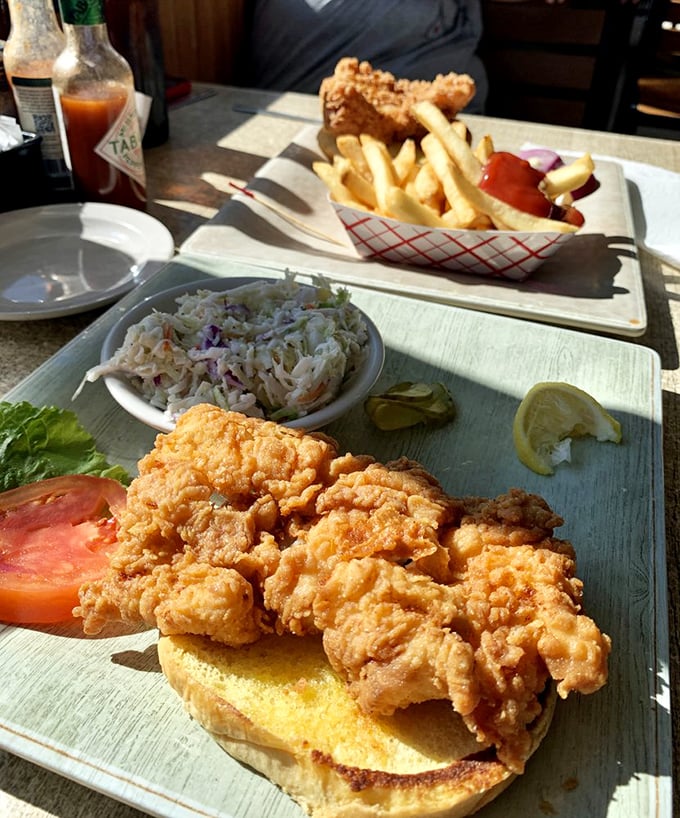 The star of the show: a golden-fried grouper sandwich that's bigger than your appetite but somehow disappears anyway. Florida on a bun.