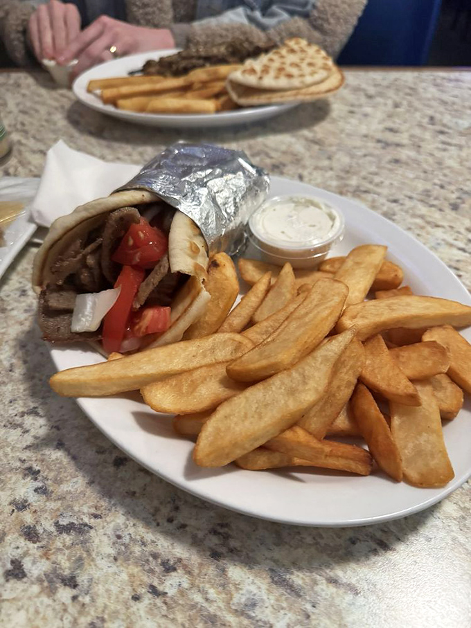 That, my friends, is gyro perfection &ndash; seasoned meat wrapped in foil, nestled beside golden fries that look hand-cut and properly crisp. Worth every mile of the drive.