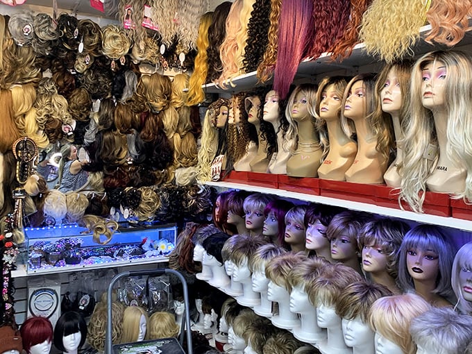 The wig booth: where you can literally try on a new personality. From platinum blonde to purple pixie, your next identity awaits.