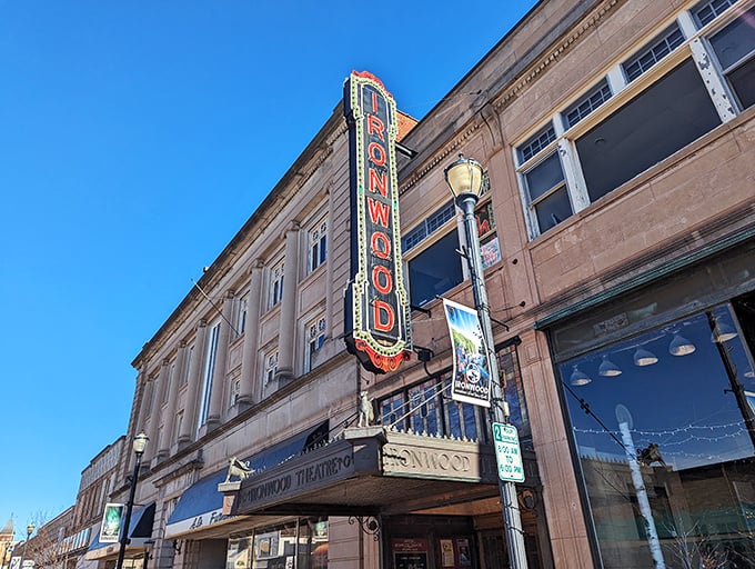 The Historic Ironwood Theatre's vintage marquee promises entertainment the old-fashioned way&mdash;no streaming service required for this authentic experience.