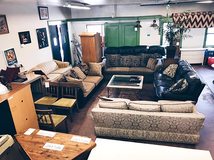 The furniture section: where mid-century modern meets "that couch from your childhood" in a showroom that IKEA wishes it could replicate.