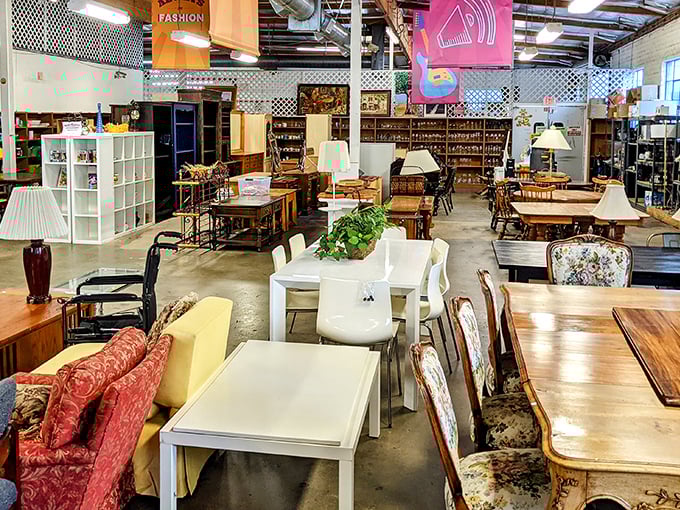 Mid-century meets modern in the furniture section, where dining sets and accent pieces await their second chance at making a house a home.