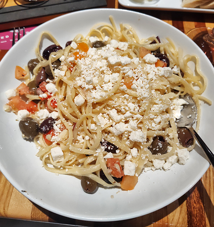 Mediterranean pasta that doesn't just feed the stomach but nourishes the soul. Those feta crumbles are little bombs of happiness.