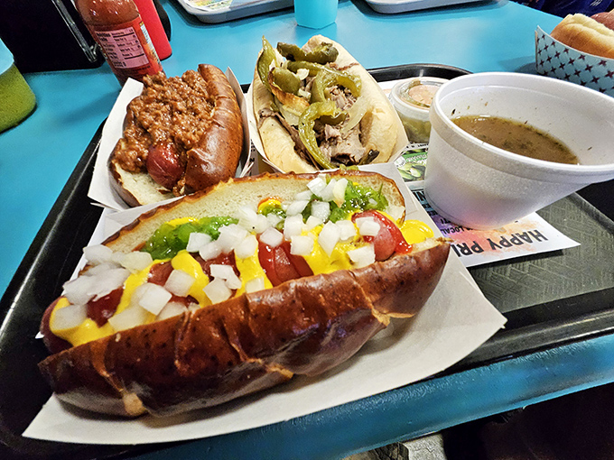 A tray of joy featuring colorful hot dog creations that prove the humble frankfurter can indeed wear many hats&mdash;all of them delicious.