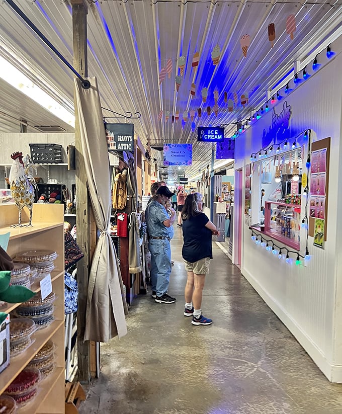 Neon lights guide shoppers down this corridor of curiosities, where ice cream and unexpected finds compete for your attention.