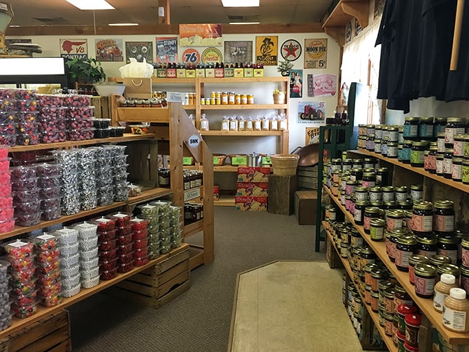 Mason jars line up like soldiers ready for duty. This colorful array of homemade jams and preserves makes breakfast feel like a special occasion waiting to happen.