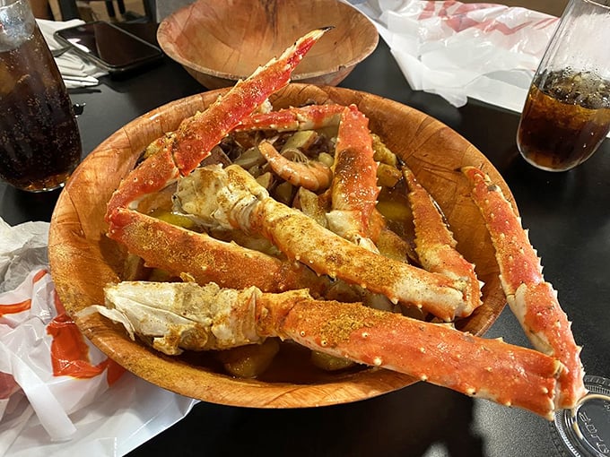 King crab legs that could double as royal scepters. These magnificent specimens demand both your respect and your butter-dipping skills.