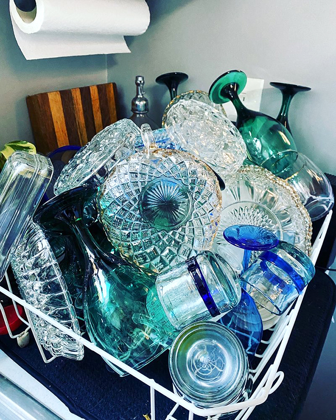 Crystal and glass treasures await new homes. Someone's grandmother's punch bowl becomes your conversation piece at next month's dinner party.