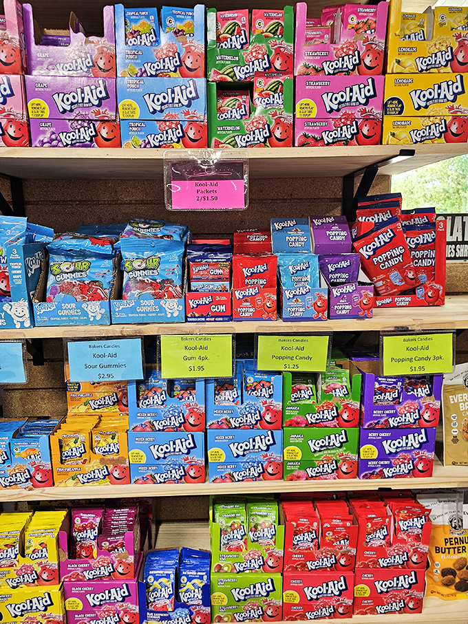 Kool-Aid candies pay homage to Nebraska's famous beverage invention. The smiling pitcher's face brings back childhood memories with every colorful package.