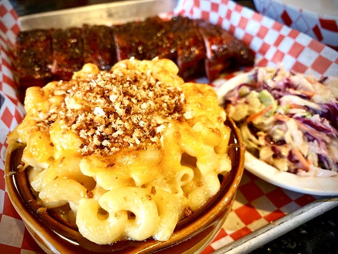 Mac and cheese that doesn't mess around. That golden crust on top is nature's way of saying "dig here for treasure."