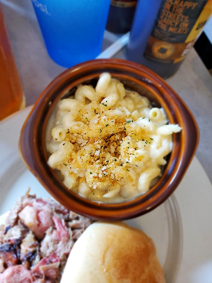 This isn't just mac and cheese&mdash;it's a creamy, golden pool of comfort topped with a crumbly crown fit for barbecue royalty.