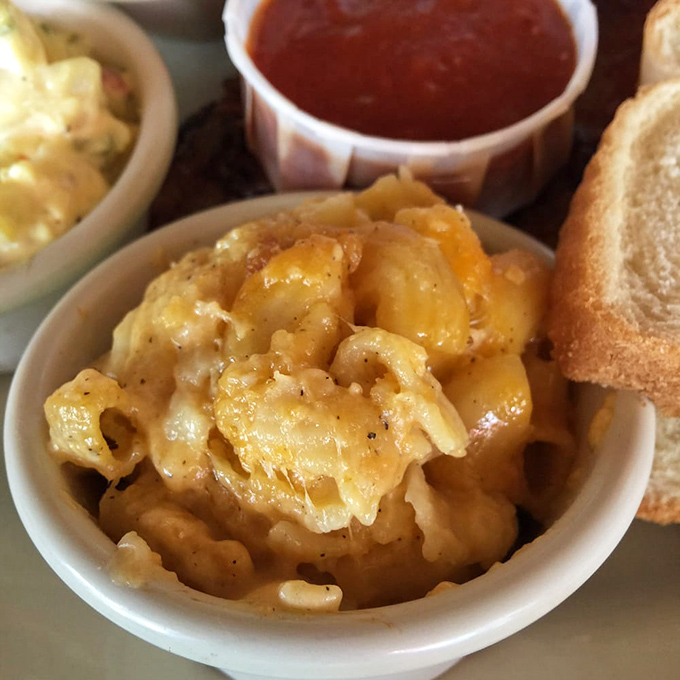 Mac and cheese that doesn't just sit on your plate but demands your full attention, with each creamy, golden forkful outshining the last.