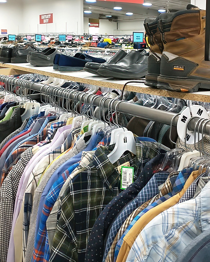The men's department: where plaid shirts meet leather boots in perfect harmony. It's like a country music video wardrobe department had a yard sale.