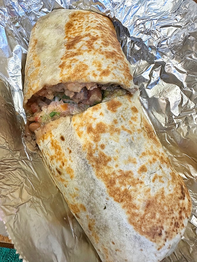 Behold the foil-wrapped miracle of San Francisco! This griddled beauty shows why rice-free is the way to be in Mission burrito philosophy.