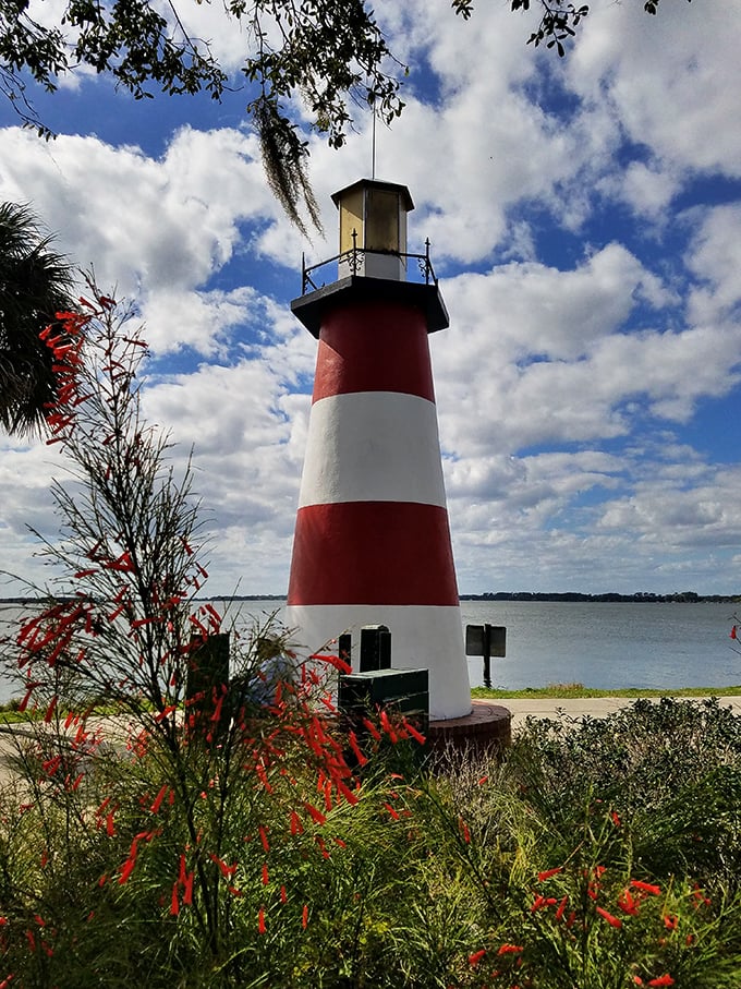 Mount Dora's lighthouse stands like a candy cane sentinel over Lake Dora. At sunset, it's the perfect backdrop for those "wish you were here" photos that actually mean it