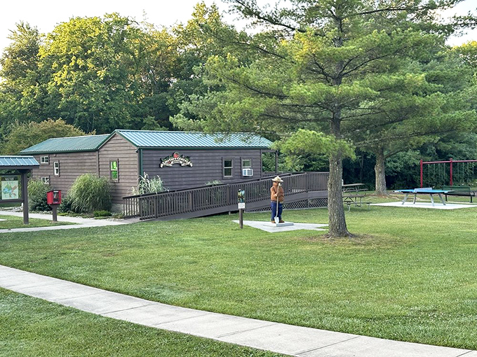 The park's nature center stands ready for curious minds, like a woodland embassy where humans and nature exchange diplomatic pleasantries.