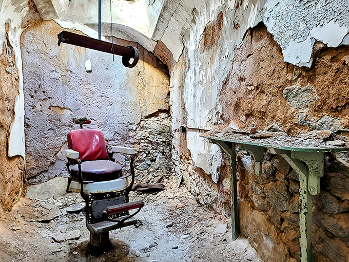 A haunting relic of prison life: the barber's chair sits abandoned in a crumbling room. Getting a haircut here wasn't exactly a spa experience.