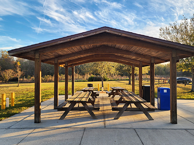 Picnic paradise with a roof! This rustic pavilion offers shade for your sandwich and protection from those famous Florida afternoon showers that arrive like clockwork.