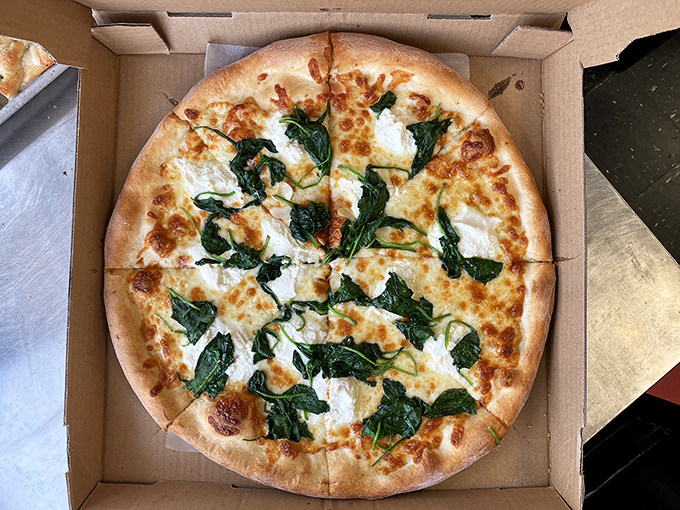 White pizza perfection with spinach that actually makes you want to eat your greens. Cheese pulls for days and a crust that deserves its own fan club.