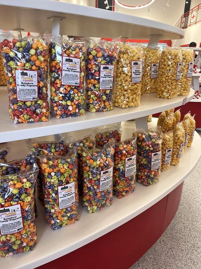Rainbow candy popcorn that makes movie theater offerings look like amateur hour. Each bag contains more colors than a Southwestern sunset.