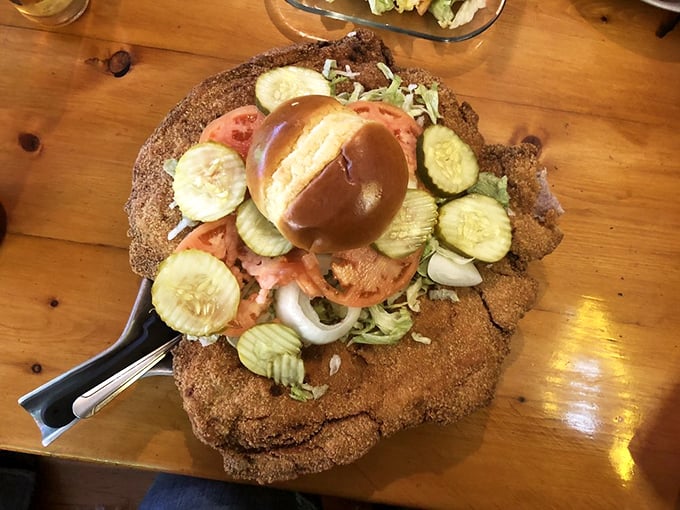 The legendary pork tenderloin in its natural habitat—fried to golden perfection and comically overshadowing its bun like a Midwestern solar eclipse.